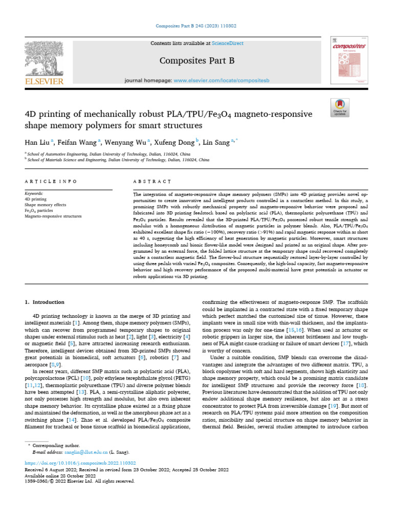 4D Printing of Mechanically Robust PLA-TPU-Fe3O4 Magneto-Responsive Shape Memory Polymers For ...