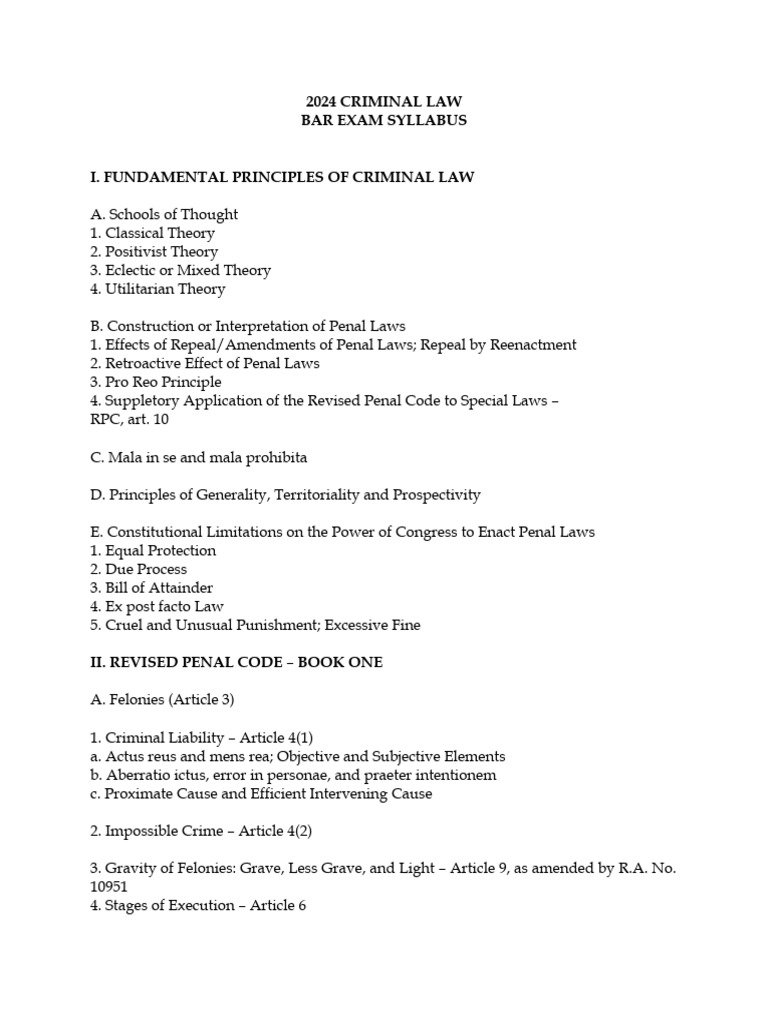 2024 Criminal Law Bar Exam Syllabus | PDF | Criminal Law | Pardon