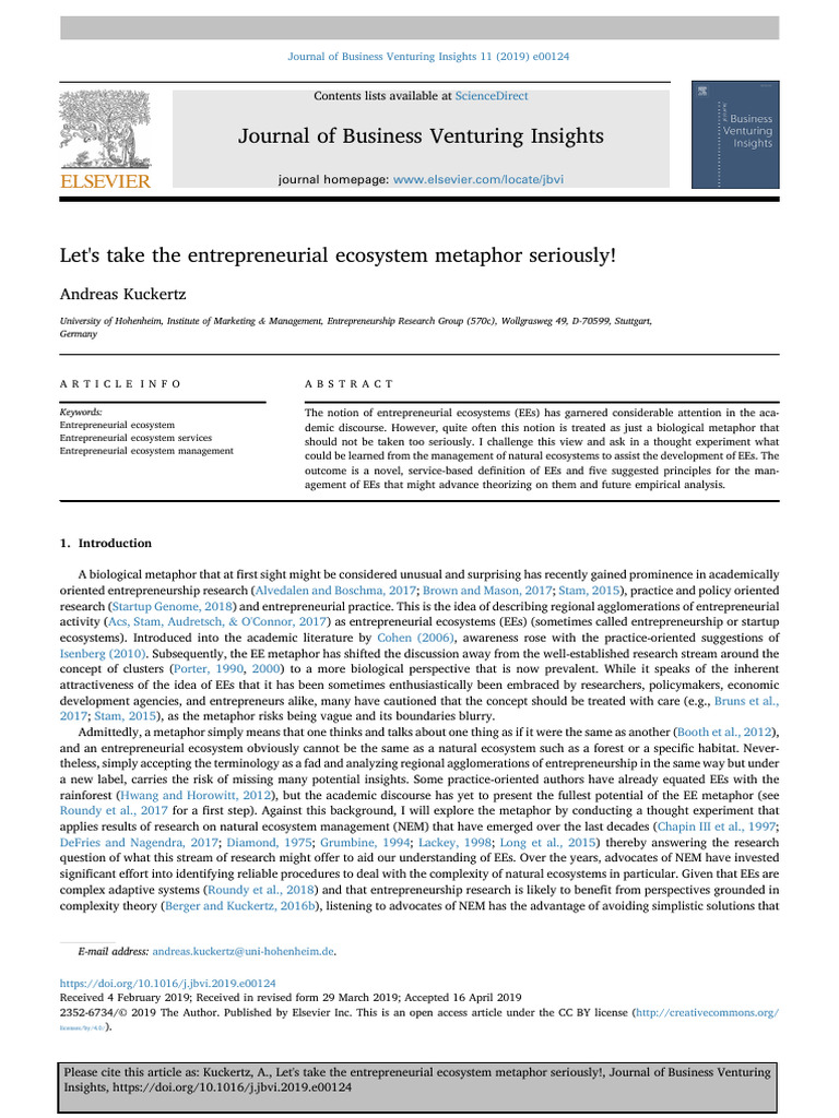 Let's Take The Entrepreneurial Ecosystem Metaphor Seriously | PDF