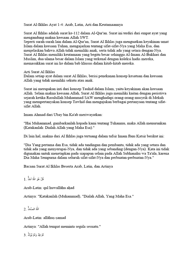 Surat Al-Ikhlas Ayat 1-4 Dan Keutamaannya | PDF