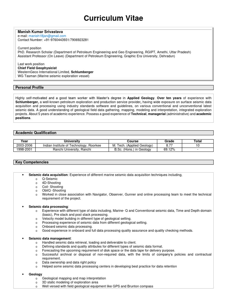 Exploration Geologist CV of Manish Srivastava | PDF | Reflection Seismology | Geology