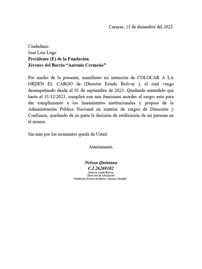 FORMATO CARGO A LA ORDEN mdf-1 | PDF