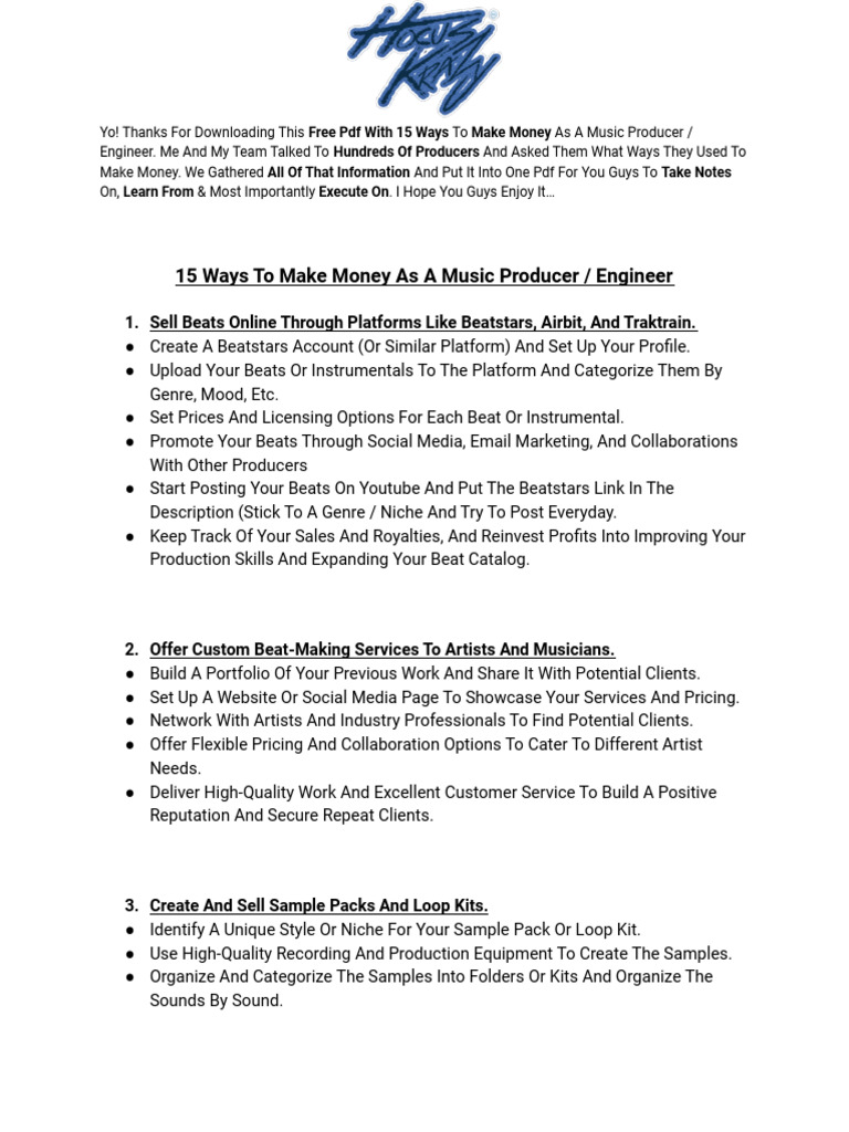 15 Ways To Make Money (Music Producer) @hocuskrazy | PDF | Brand ...