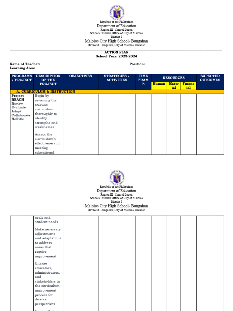 Action Plan 2023-2024 - Subject Area Coordinators | PDF