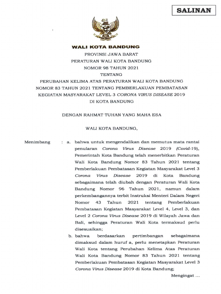 Perwal No 98 2021 TTG Perubahan Ke 5 PPKM LVL 3 | PDF