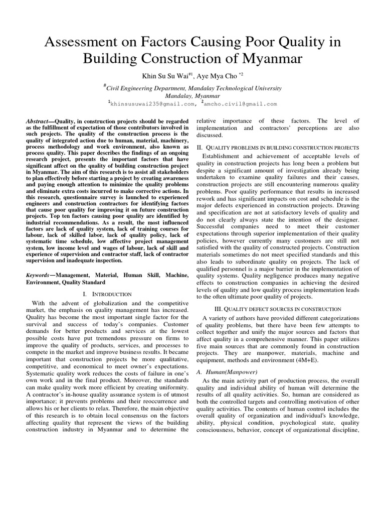 Assessment on Factors Causing Poor Quality in Building Construction of ...