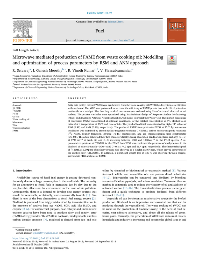 Microwave Mediated Production of FAME From Waste Cooking Oil_ Modelling and Optimization of ...