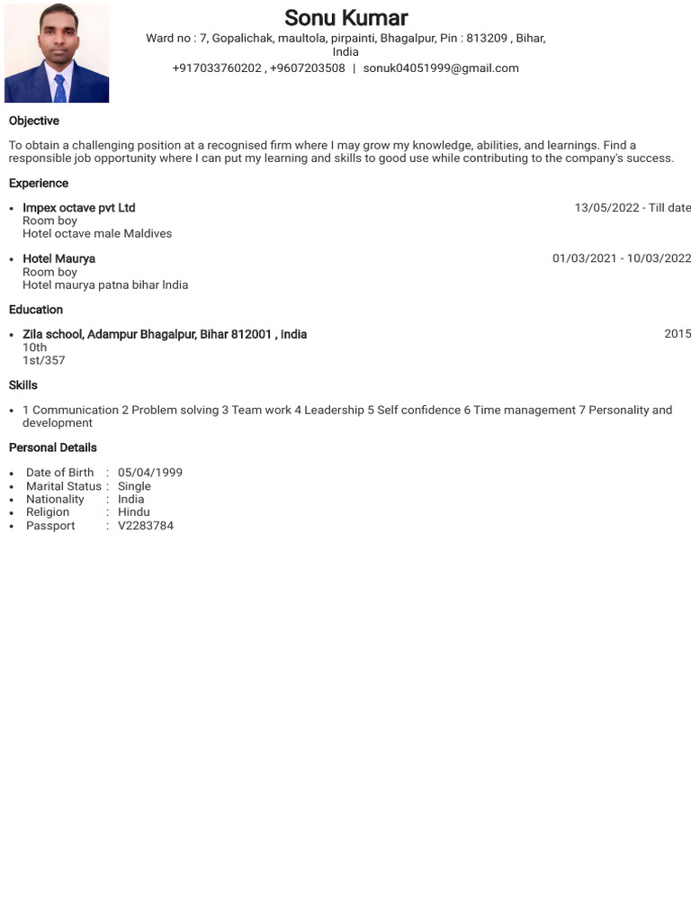 Sonu Kumar's Resume and Experience | PDF