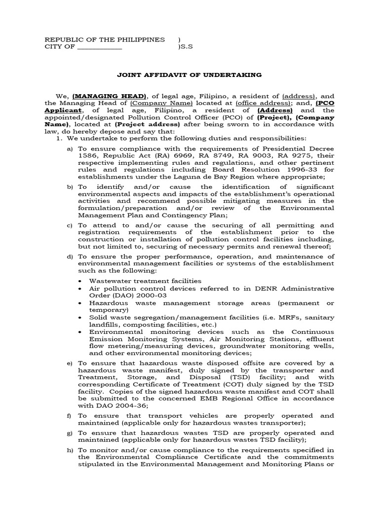 Affidavit of Joint Undertaking - Print in Legal Size and Sign On Each ...