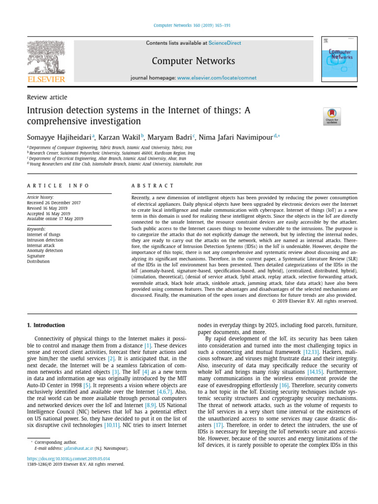 Intrusion Detection Systems In The Internet Of Things A Comprehensive Investigation Pdf
