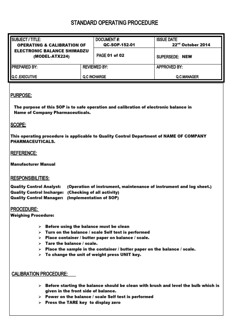 SOP For Operating and Calibration of Electronic Balance | PDF | Weighing Scale | Calibration