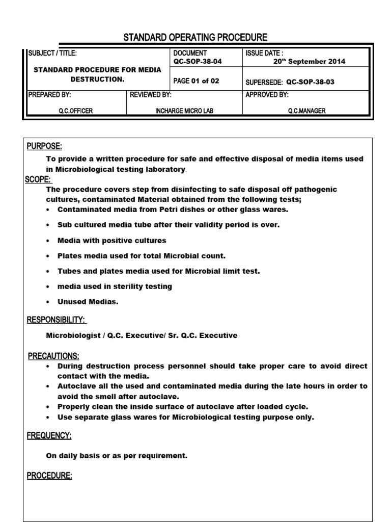 Standard Operating Procedure For Media Destruction | PDF | Waste ...