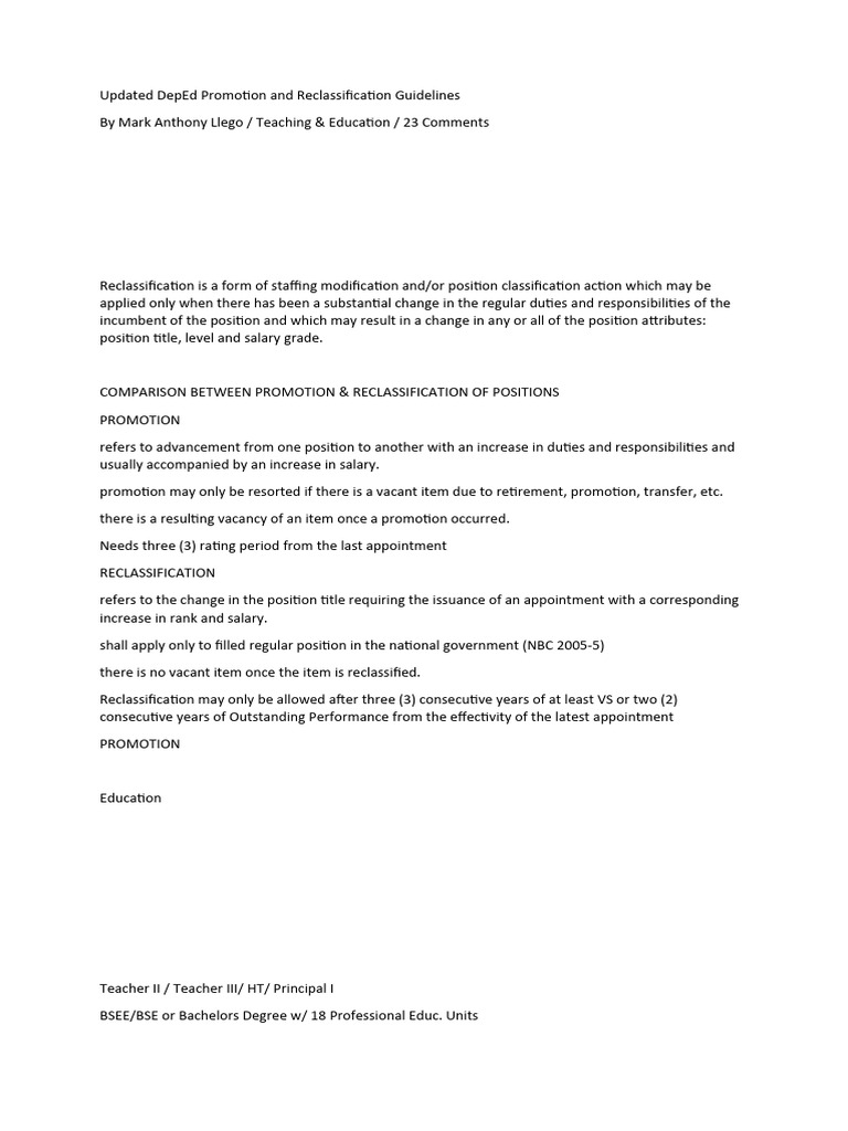 Updated DepEd Promotion and Reclassification Guidelines | PDF | Salary ...