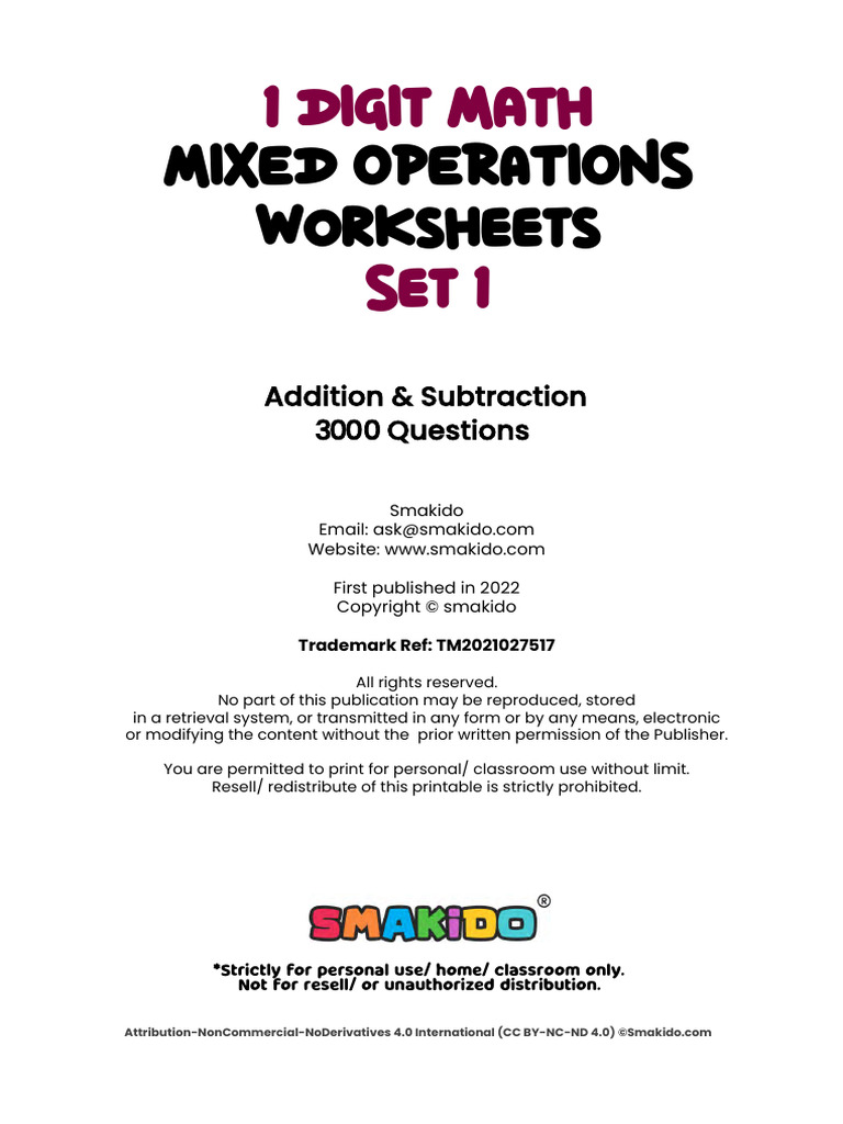 Worksheet - 1 Digit Mixed Operations - Add & Sub - Set 1 - 3000 ...