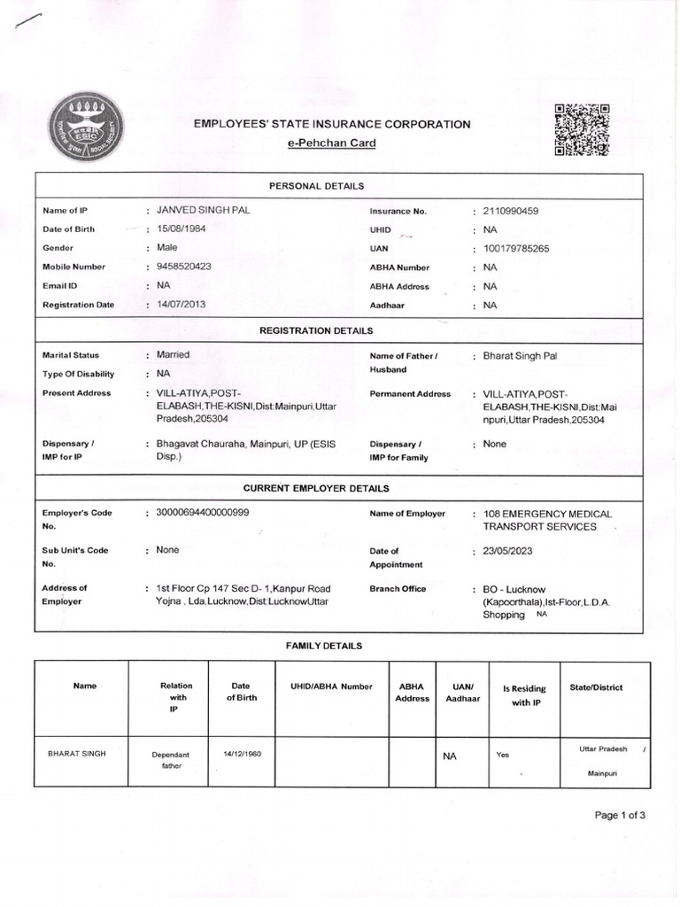 ESIC Card of Mr. Janveed (1) | PDF