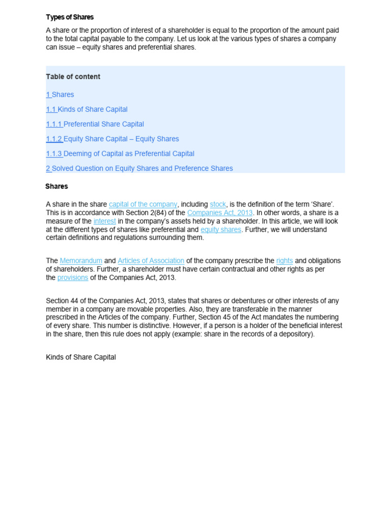 Types of Shares | PDF | Business | Finance & Money Management