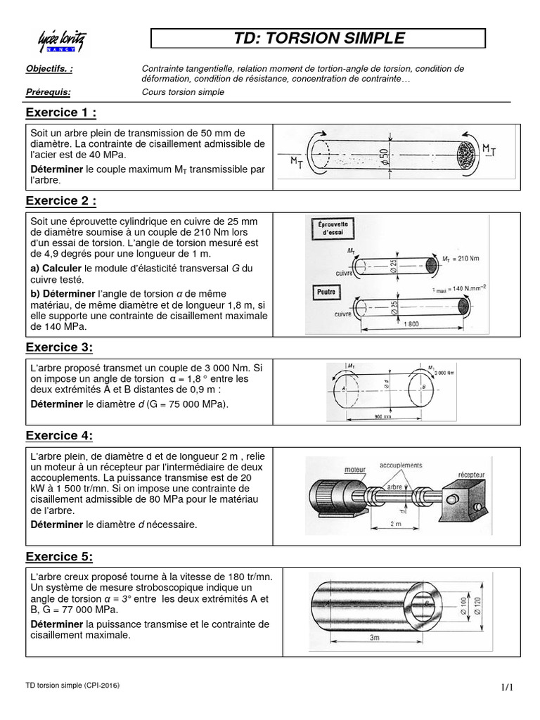 TD Torsion Simple : Exercices et Calculs | PDF