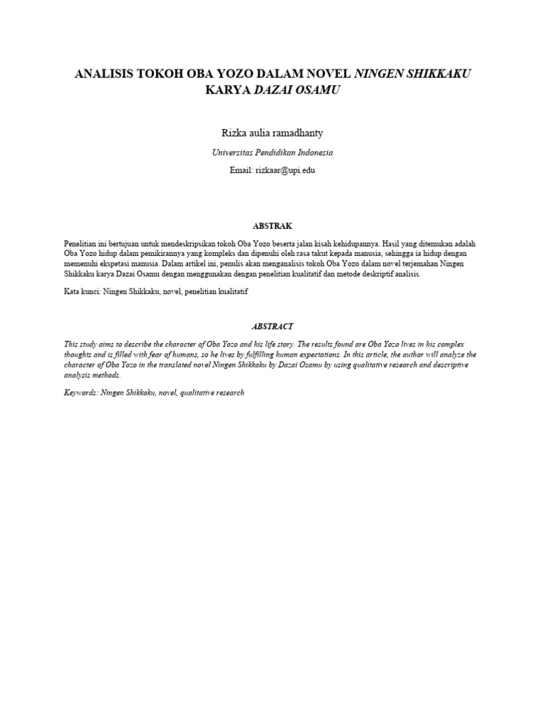 Analisis Tokoh Oba Yozo Dalam Novel Ningen Shikkaku Karya - Dazai | PDF