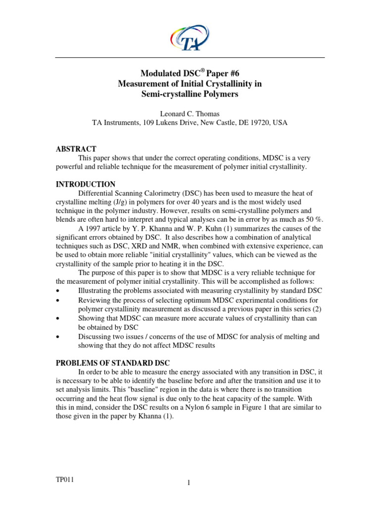 MDSC Num 6 Measurement of Initial Crystallinity in Semi-Crystalline ...