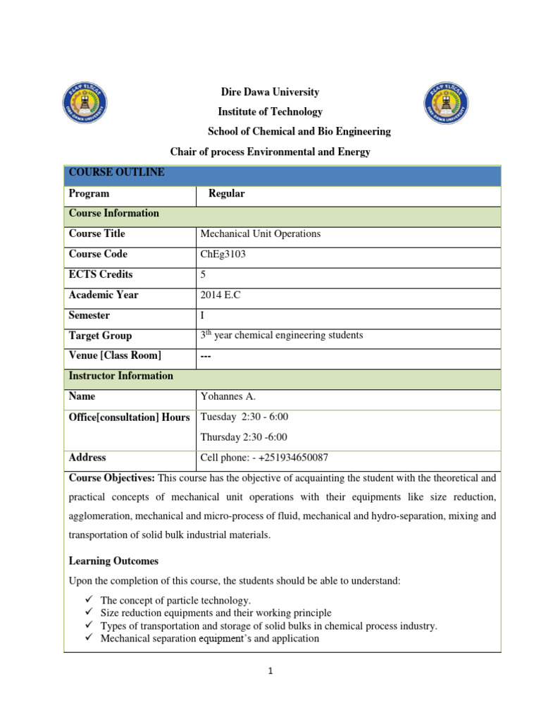 Mechanical Unit Operation Course Outline | PDF | Fluidization | Transport