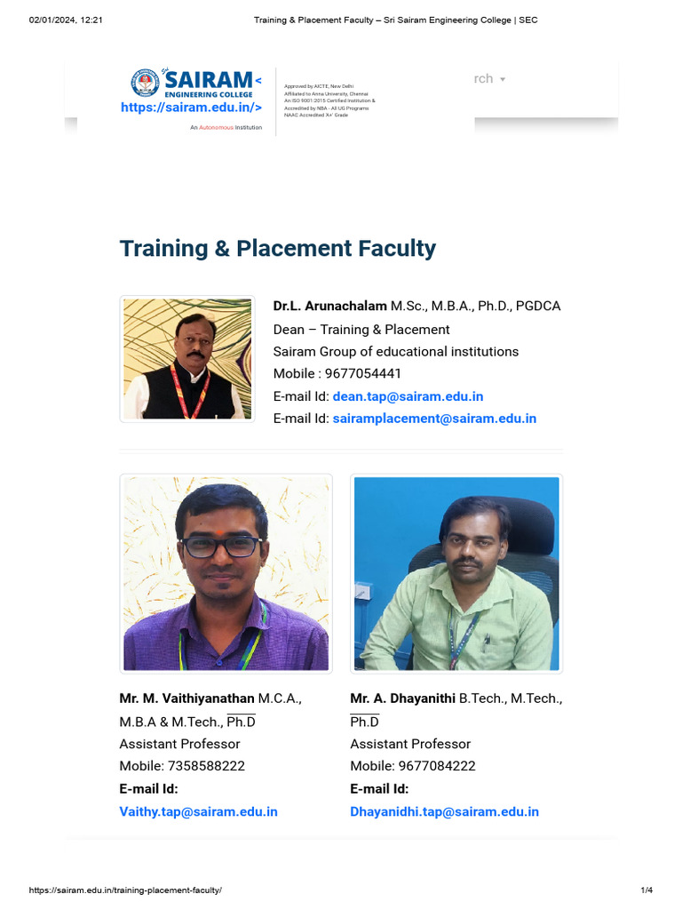 Training & Placement Faculty - Sri Sairam Engineering College - SEC ...