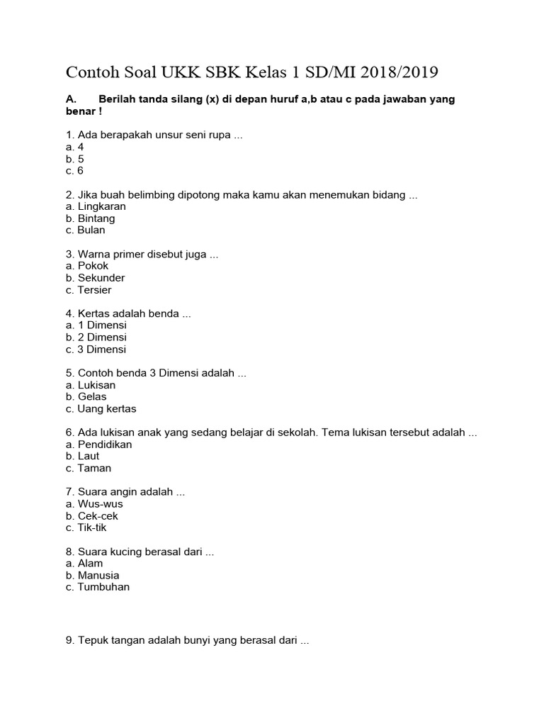 Contoh Soal UKK SBK Kelas 1 SD | PDF