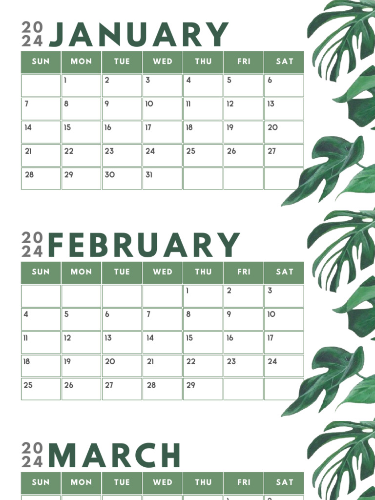 Green and White Minimalist 2024 Calendar | PDF