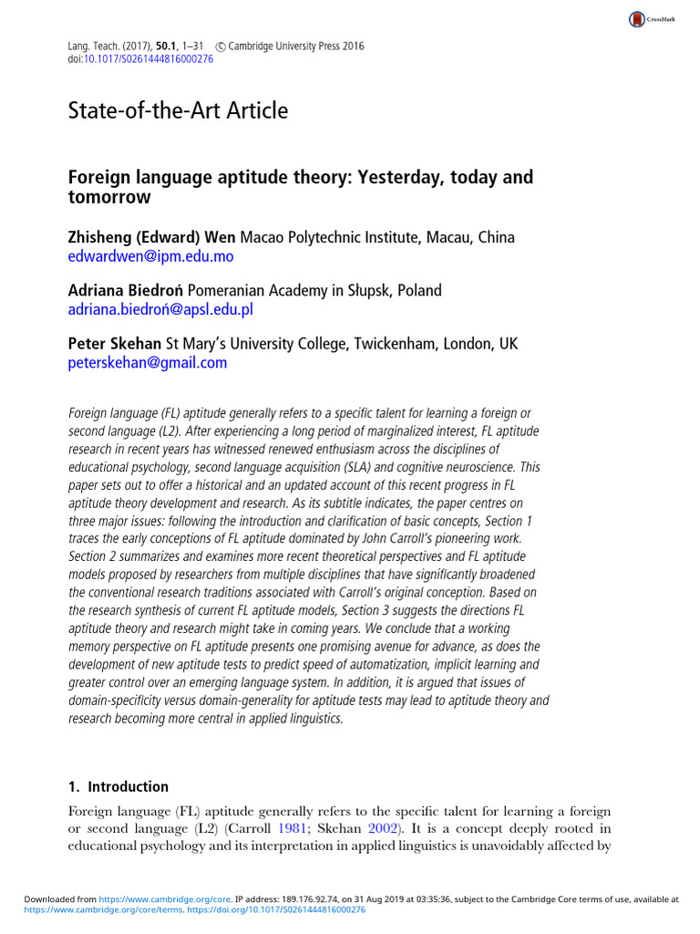 2 Foreign Language Aptitude Theory Yesterday Today | PDF | Second Language Acquisition | Second ...