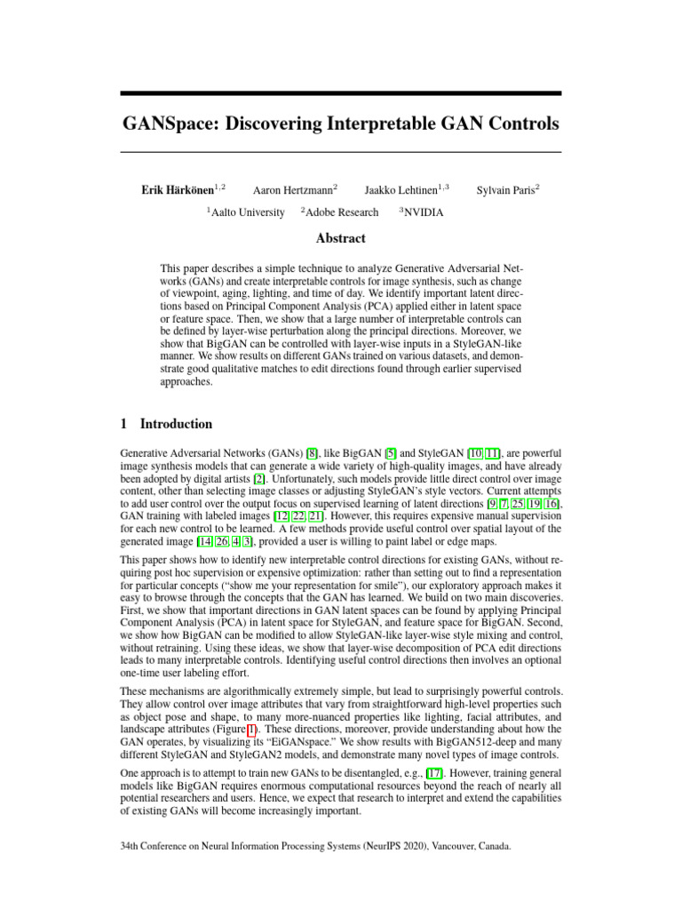 NeurIPS 2020 Ganspace Discovering Interpretable Gan Controls Paper | PDF