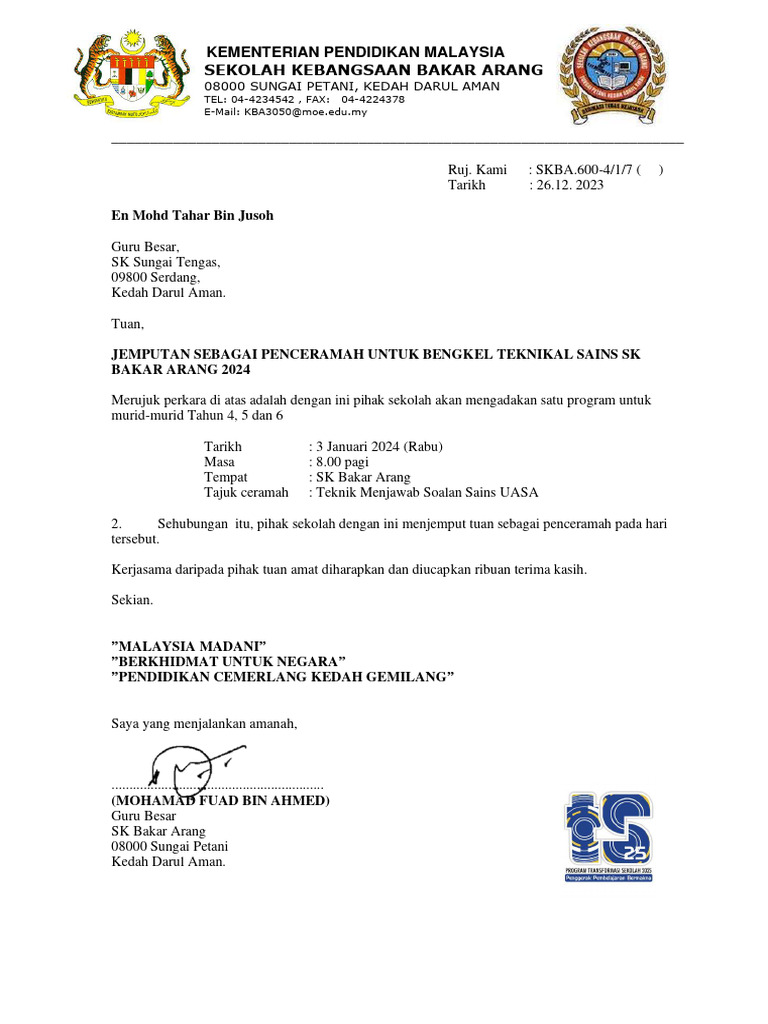 Surat Jemputan Penceramah Bengkel Sains 2024 | PDF
