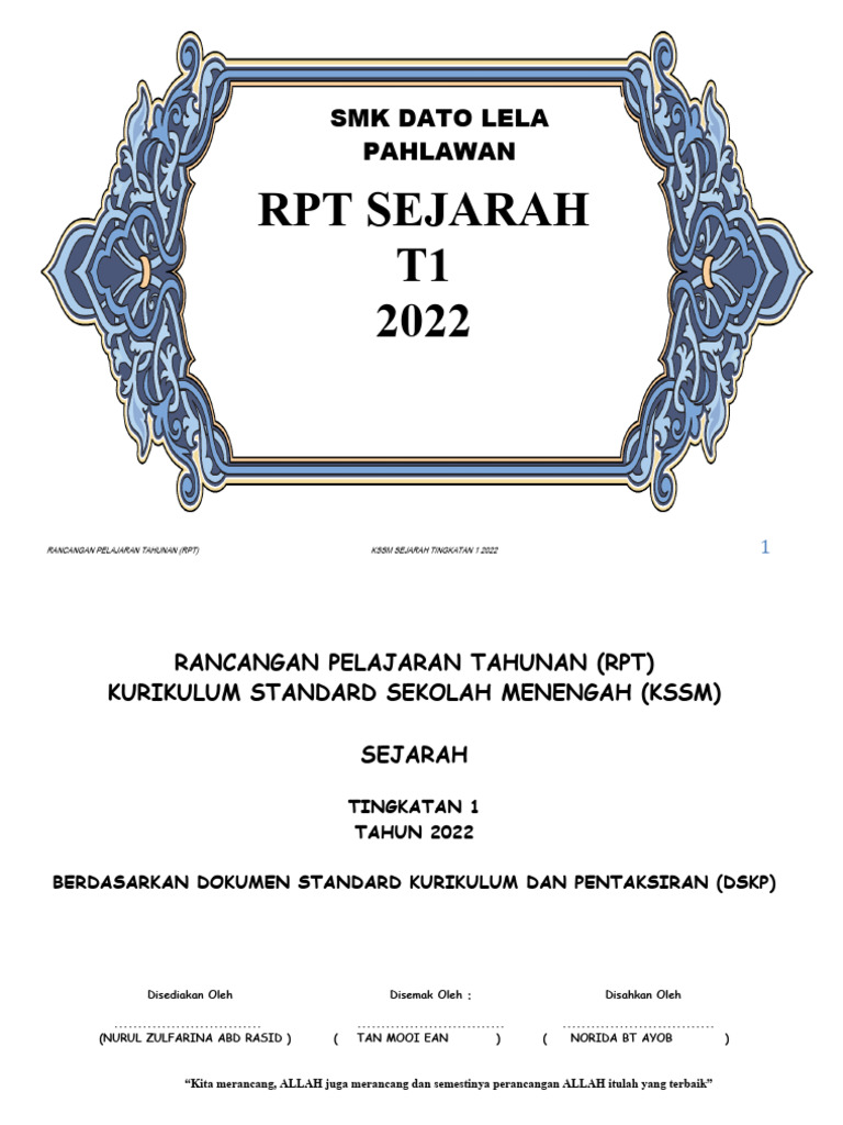 RPT Sejarah Tingkatan 1 2022 | PDF