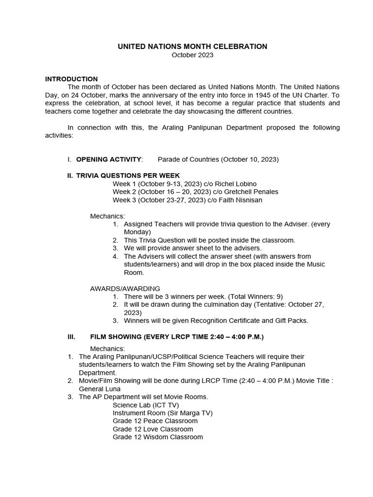 United Nations Month Celebration Proposal For Approval | PDF | Foreign ...
