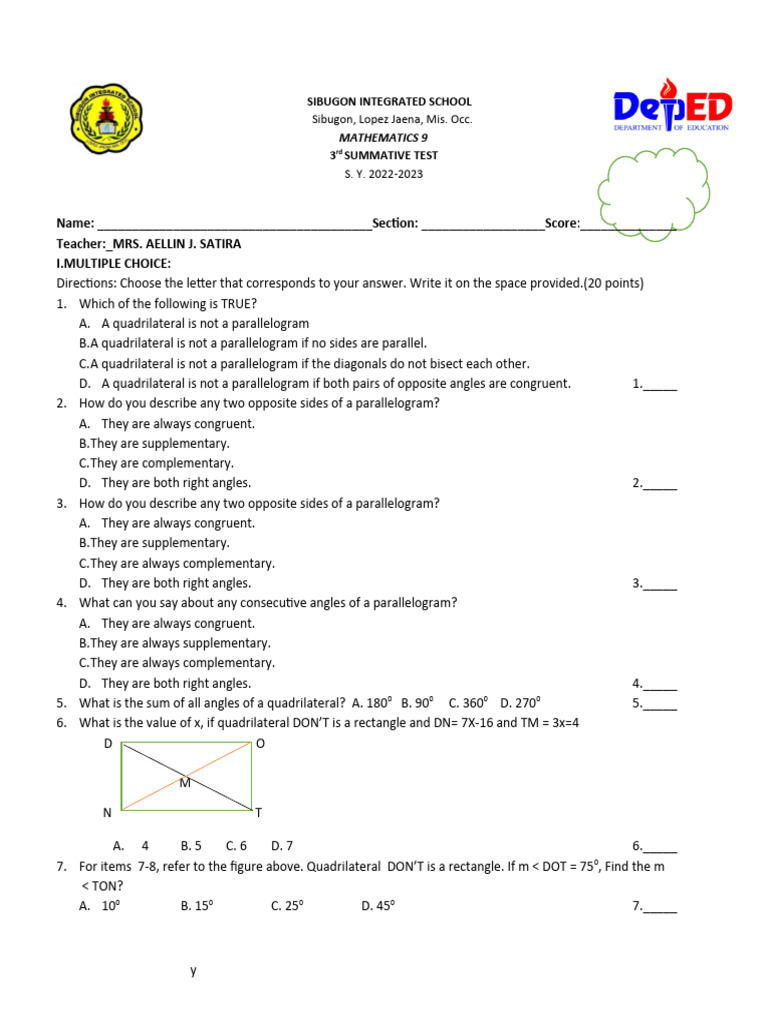 3rd Summative Test | PDF | Rectangle | Angle