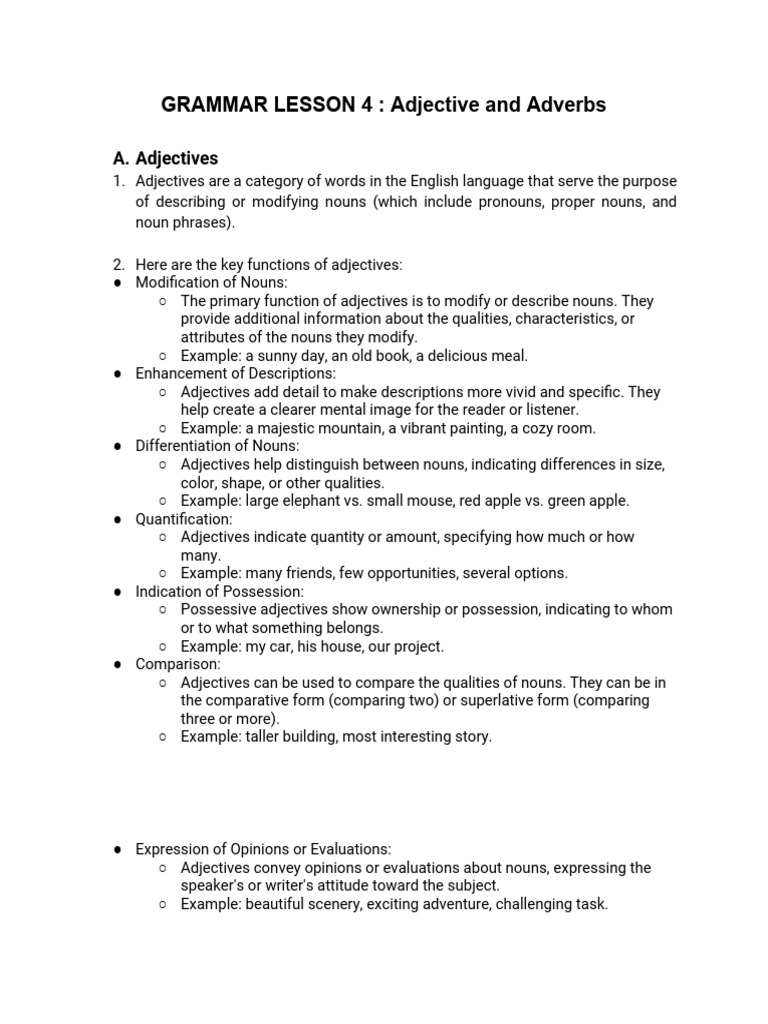 GRAMMAR LESSON 4 - Adjective and Adverbs | PDF | Adjective | Adverb