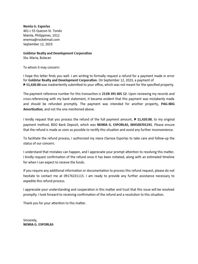 Refund Request Letter | PDF