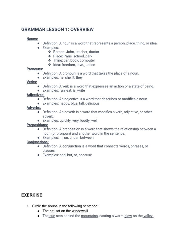 Grammar Lesson 1 _ Overview | PDF | Noun | Adverb