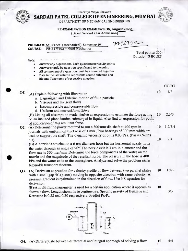 Dsy B.tech Mech Sem IV | Download Free PDF | Fluid Dynamics | Pressure