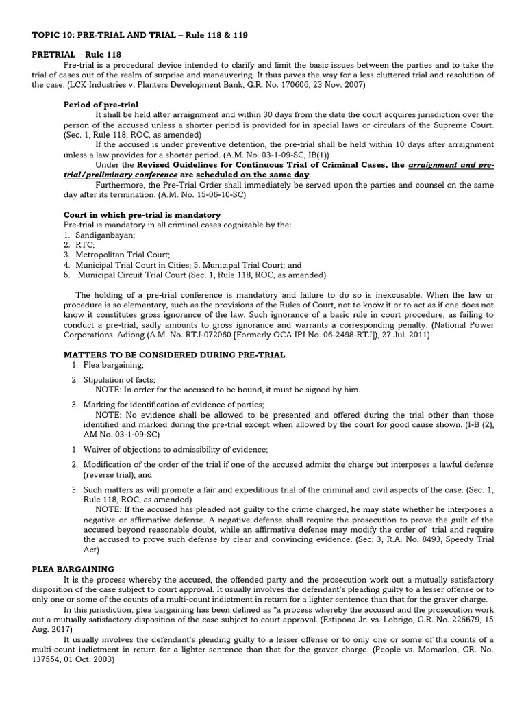 Topic 10 Pre Trial Trial | PDF | Continuance | Plea Bargain