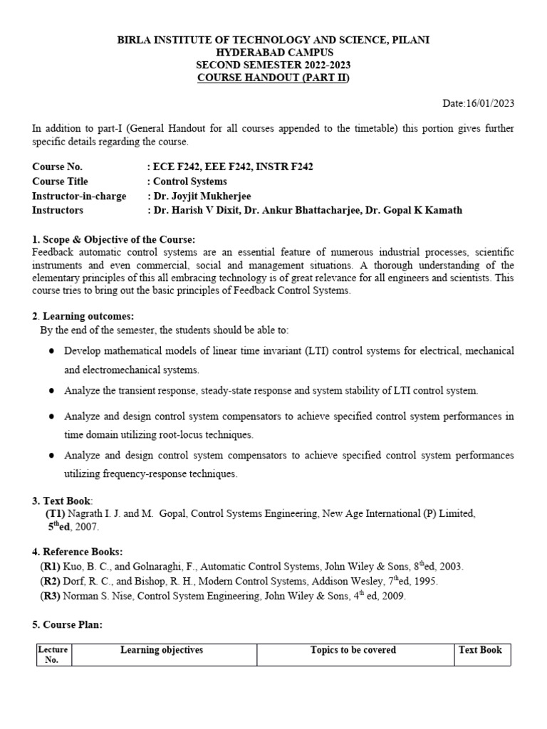 Control Systems Course Handout 2023 | PDF | Control Theory | Mechanics