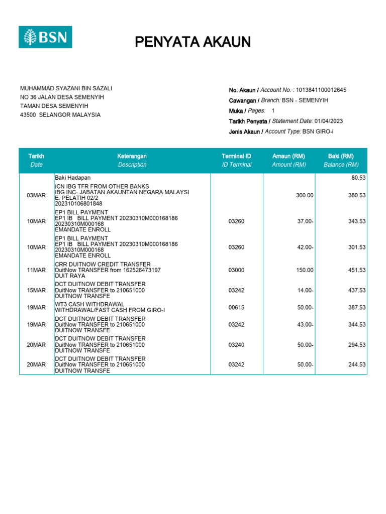 Statement BSN Syazani | PDF
