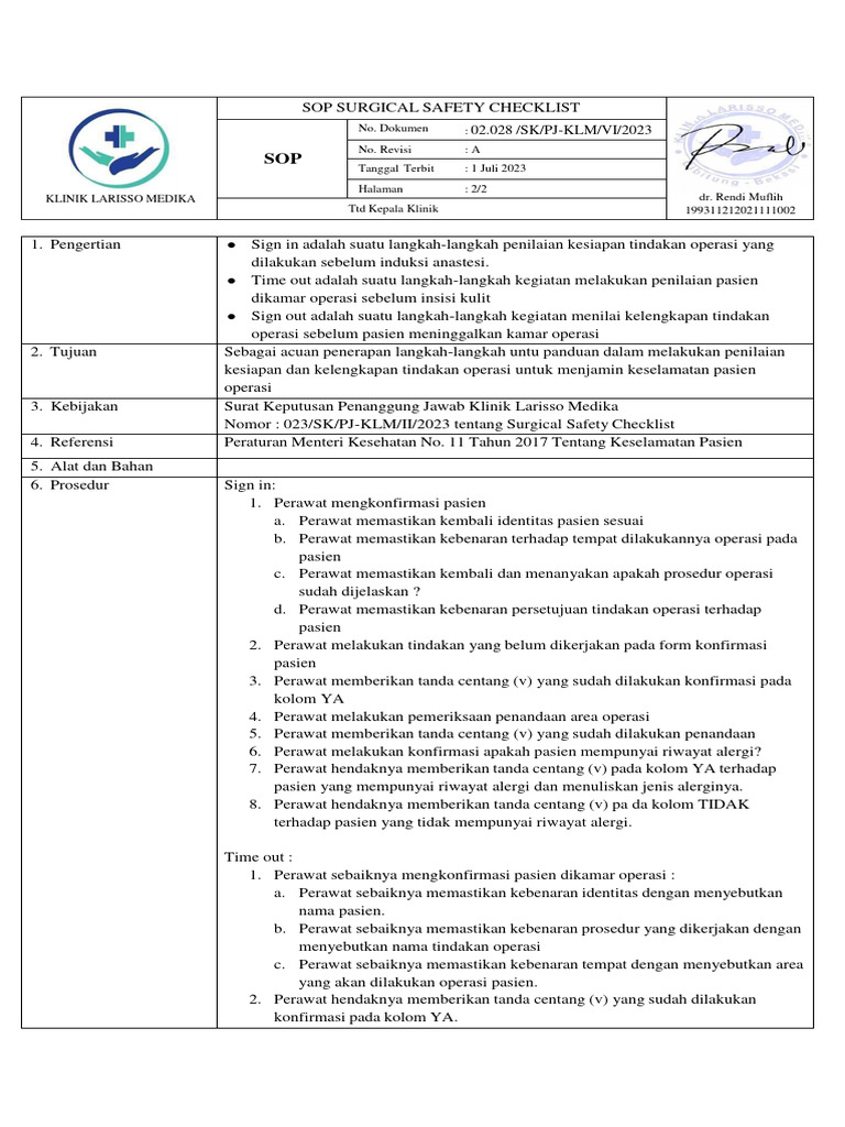 Sop Surgical Safety Checklist | PDF