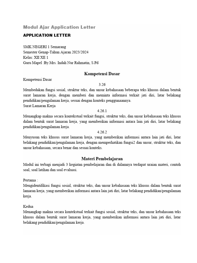 Modul Ajar Application Letter | PDF