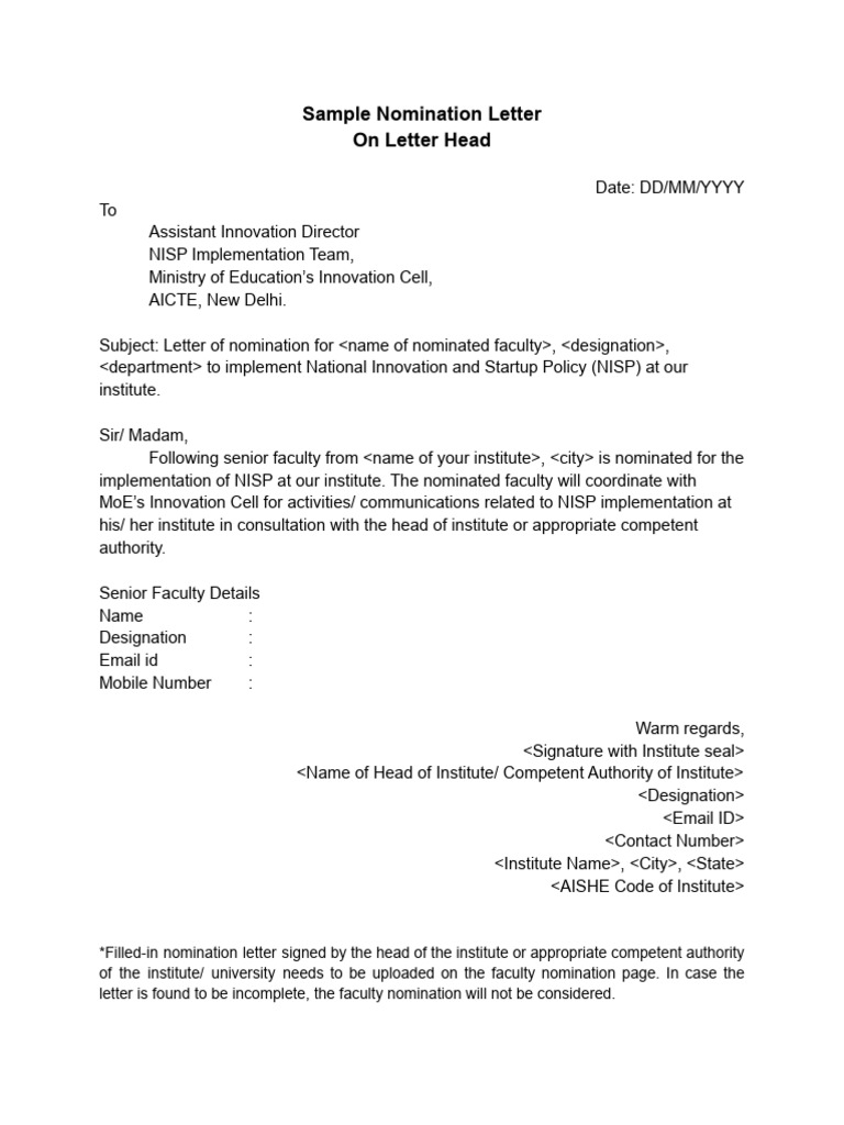 NISP Faculty Nomination Letter Template | PDF | Career & Growth