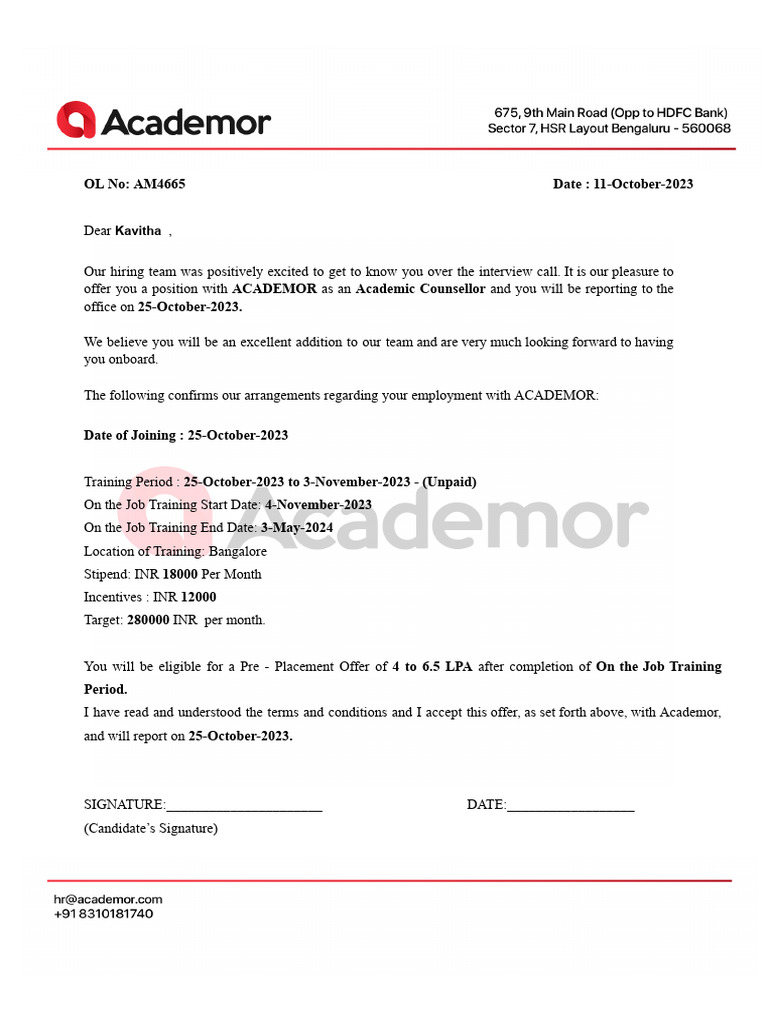 Academor Joining Letter for Kavitha | PDF