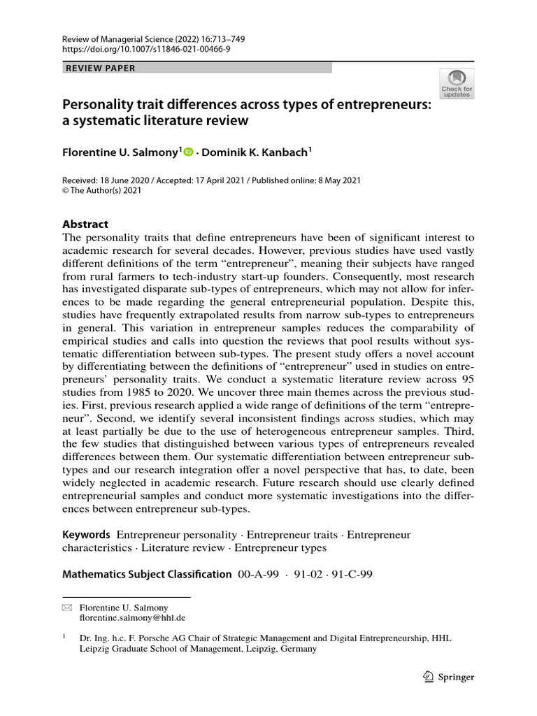 Personality Trait Differences Across Types of Entrepreneurs A ...