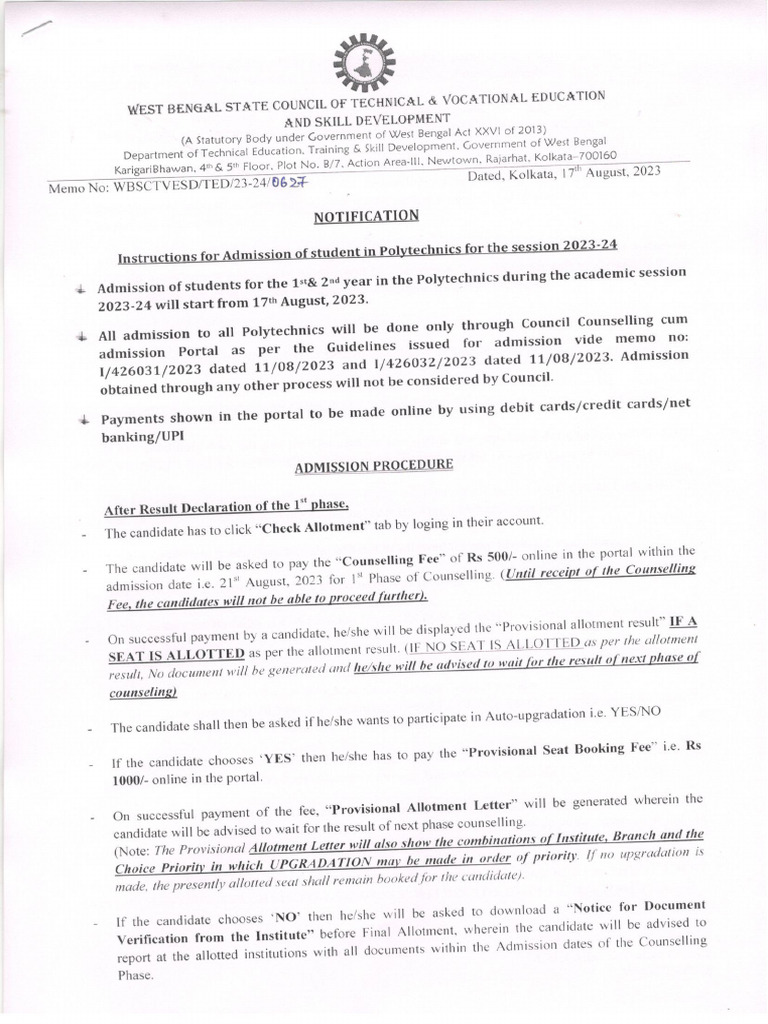 Instruction For Admission of The Candidates in Polytechnics For | PDF