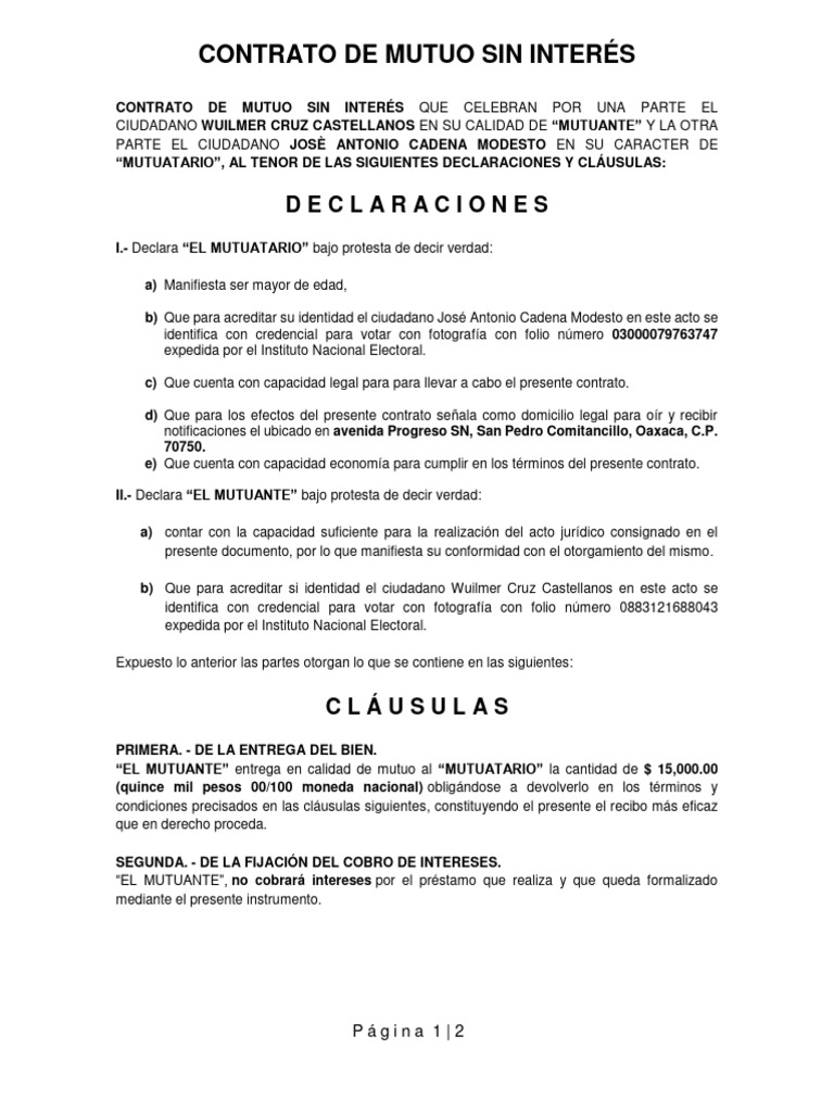 Contrato de Mutuo Sin Interés | PDF