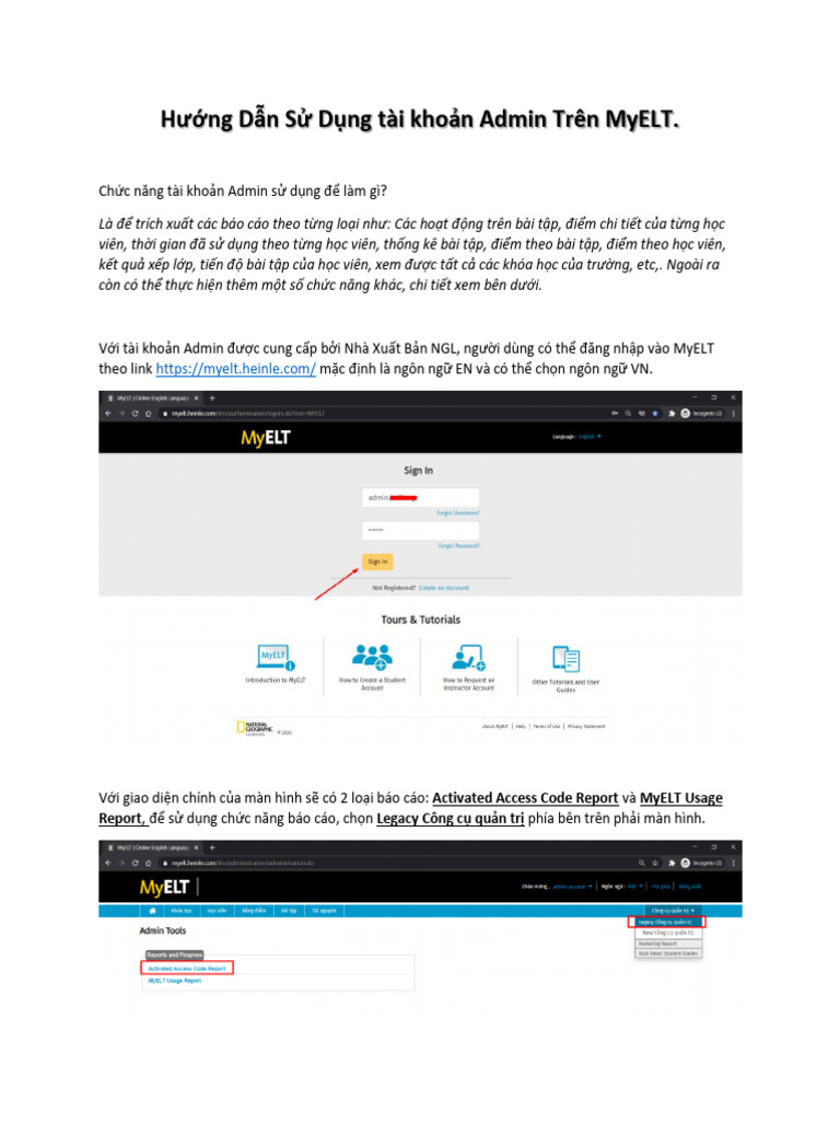 Hướng Dẫn Sử Dụng tài khoản Admin Trên MyELT | PDF