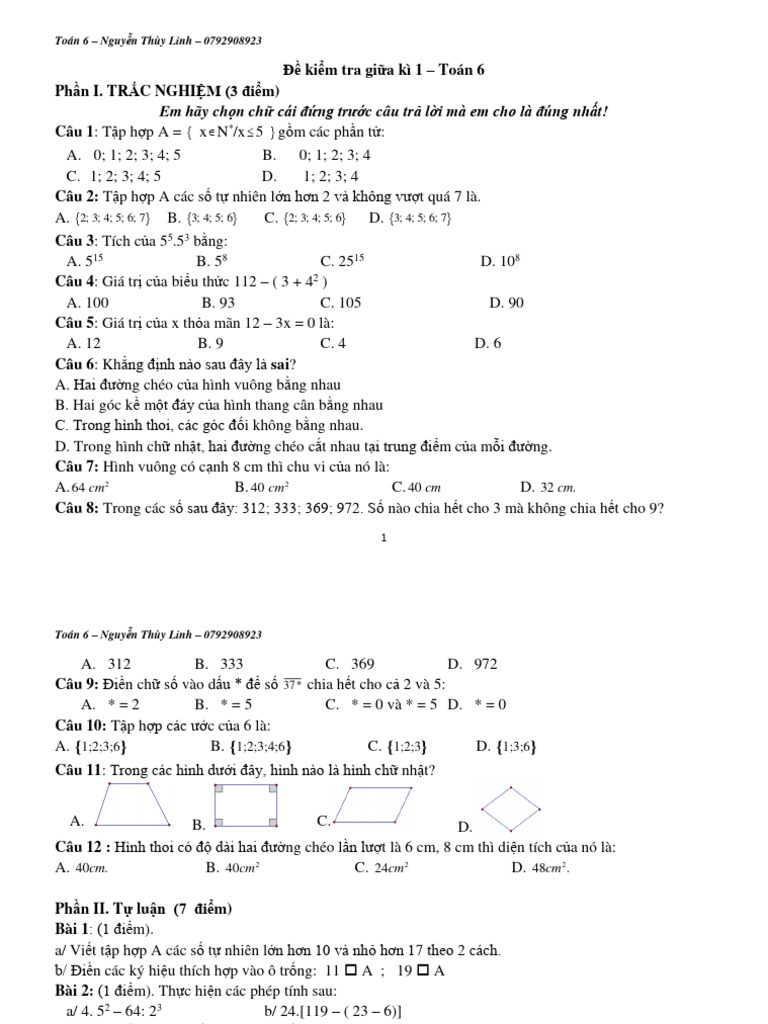 (6-GK1) ĐỀ KT TOÁN 6 GK1 (HS) | PDF