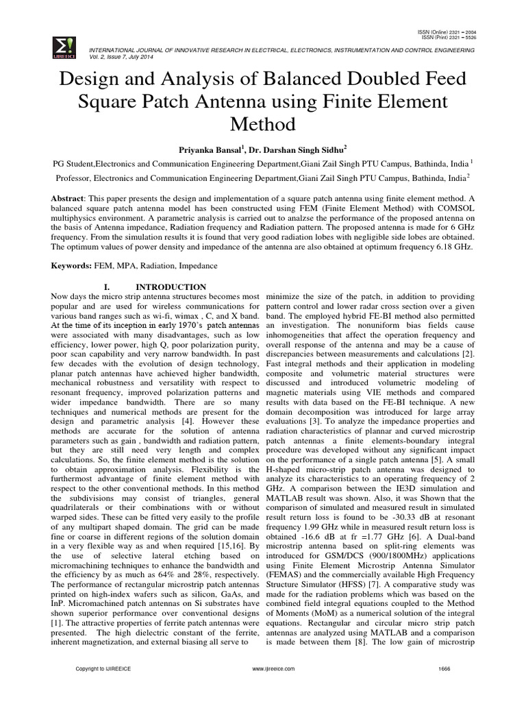Design and Analysis of Balanced Doubled Feed Square Patch Antenna Using Finite Element Method | PDF